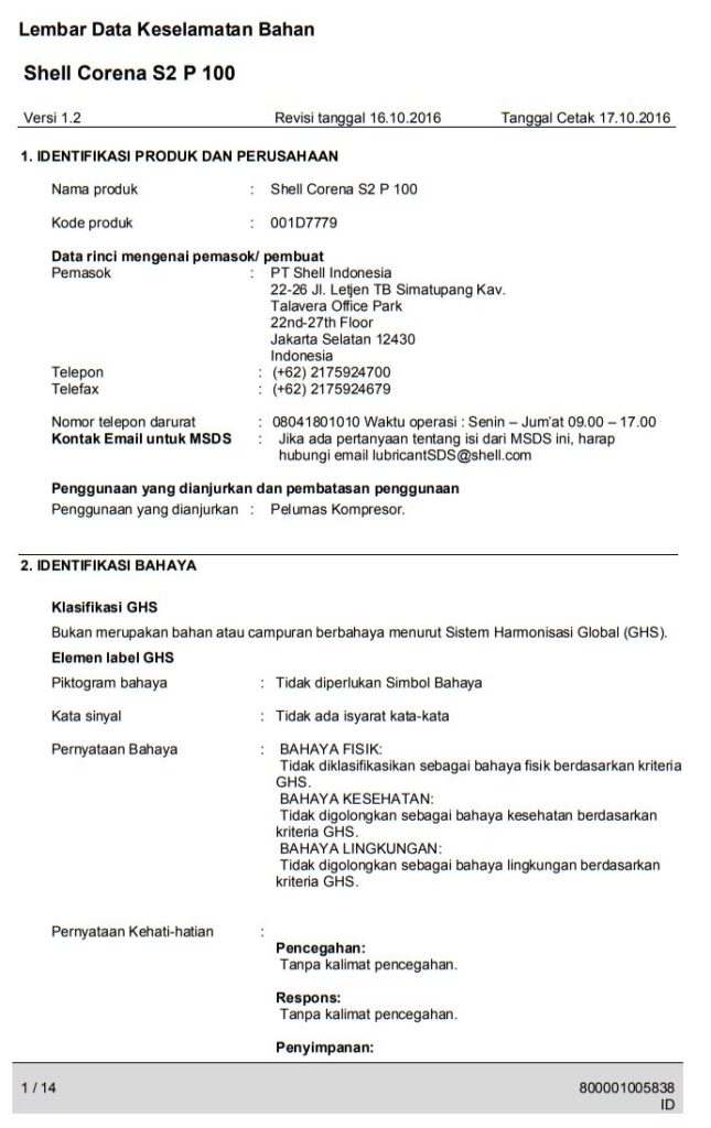 Shell Indonesia - Shell Corena S2 P 100 209 L Distributor Oli Shell